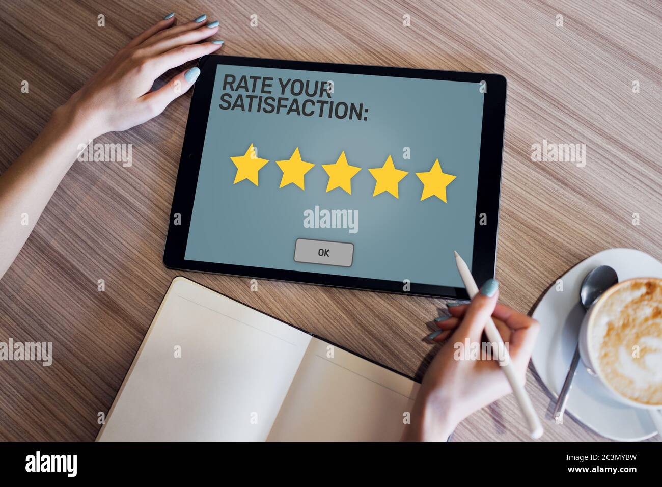 Rate your experience. Customer satisfaction review. Five star on device ...