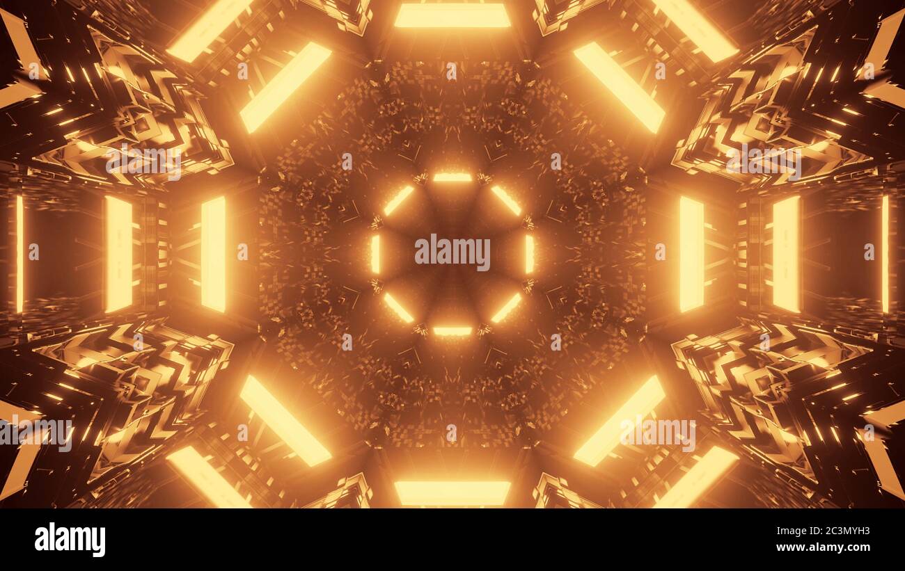 3D rendering of an illustration with geometric shapes and golden laser ...