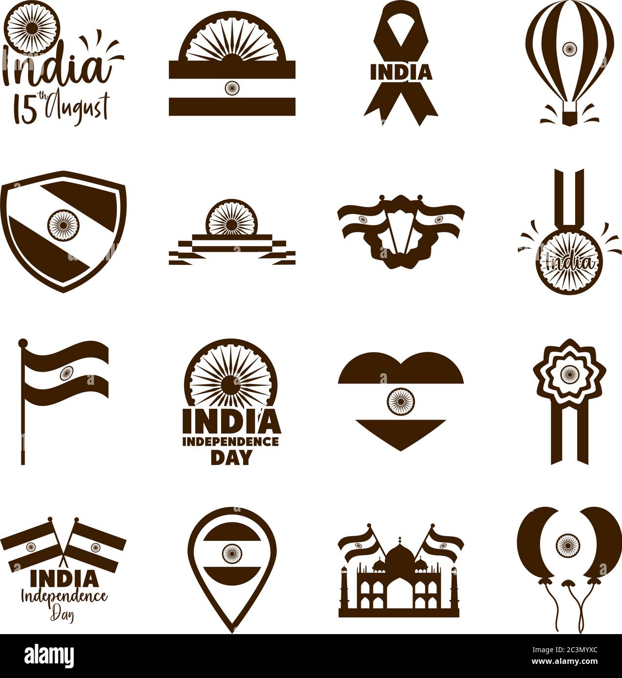 happy independence day india, freeedom celebration national icons set ...