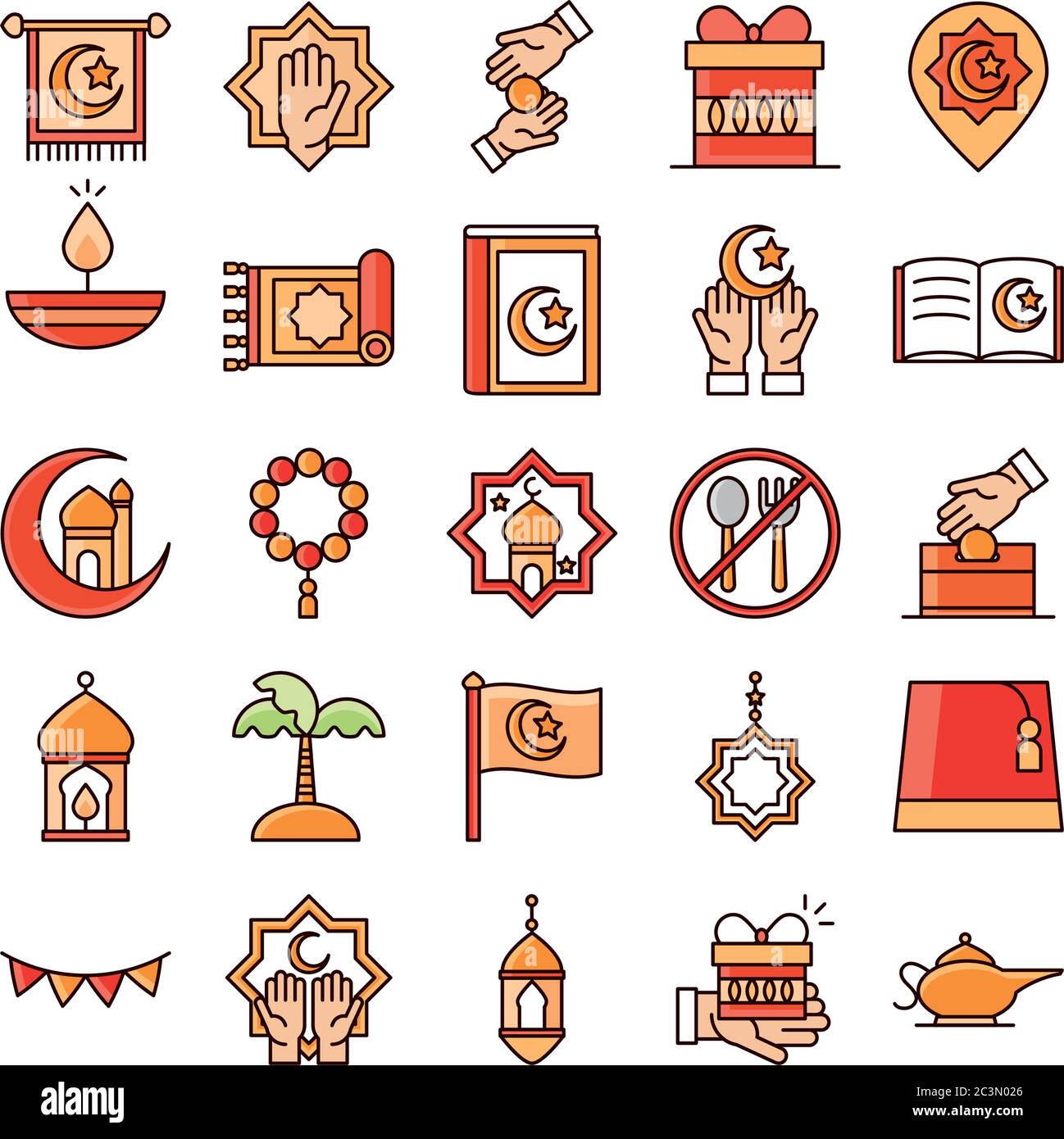 eid mubarak islamic religious celebration traditional icons set vector ...