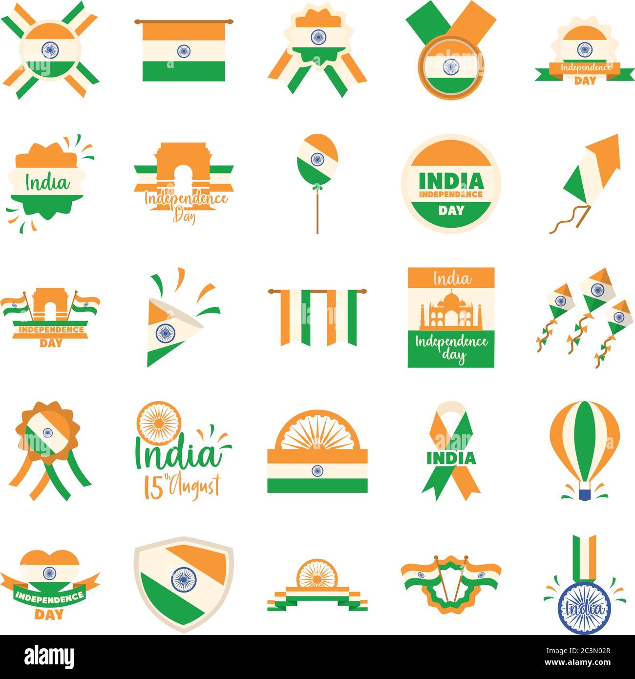happy independence day india, freeedom celebration national icons set ...
