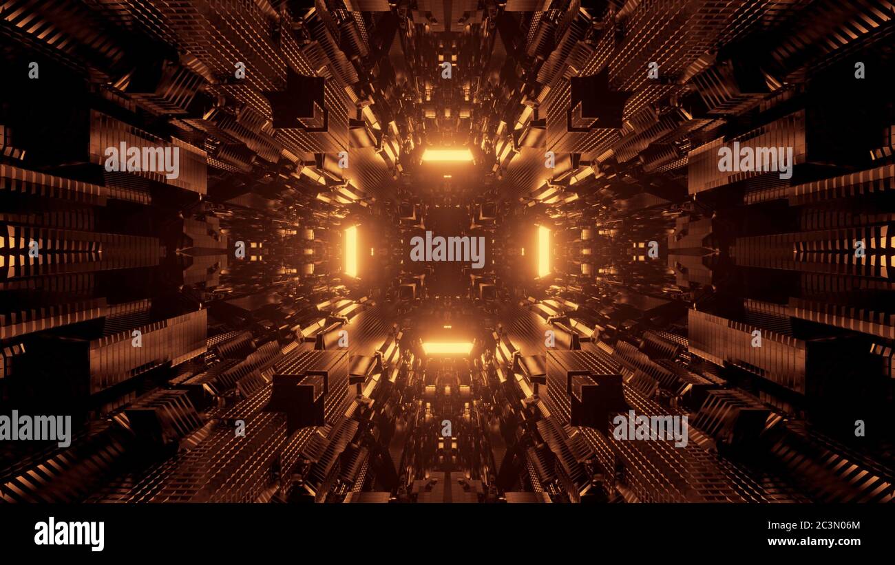 3D rendering of an illustration with geometric shapes and golden laser ...