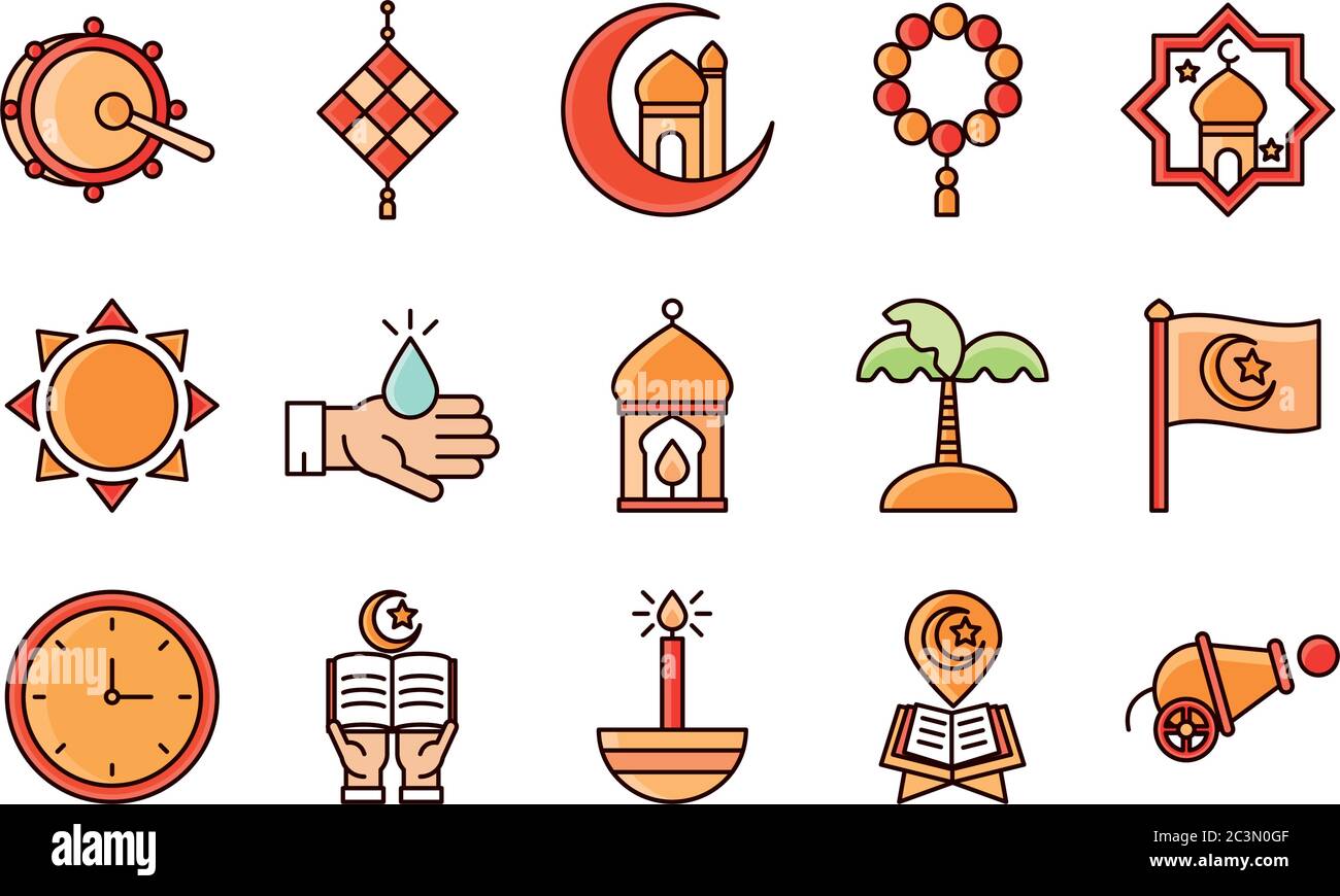 eid mubarak islamic religious celebration traditional icons set vector ...