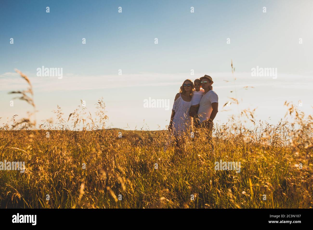 Family catching the sunset together in summer wheat field Stock Photo ...