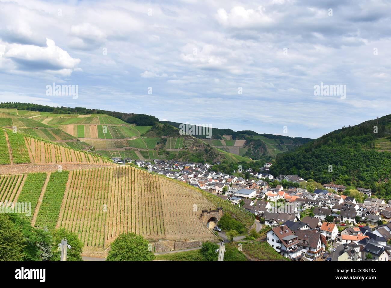 Scenic wine country landscape with village in Ahr valley, Germany Stock ...
