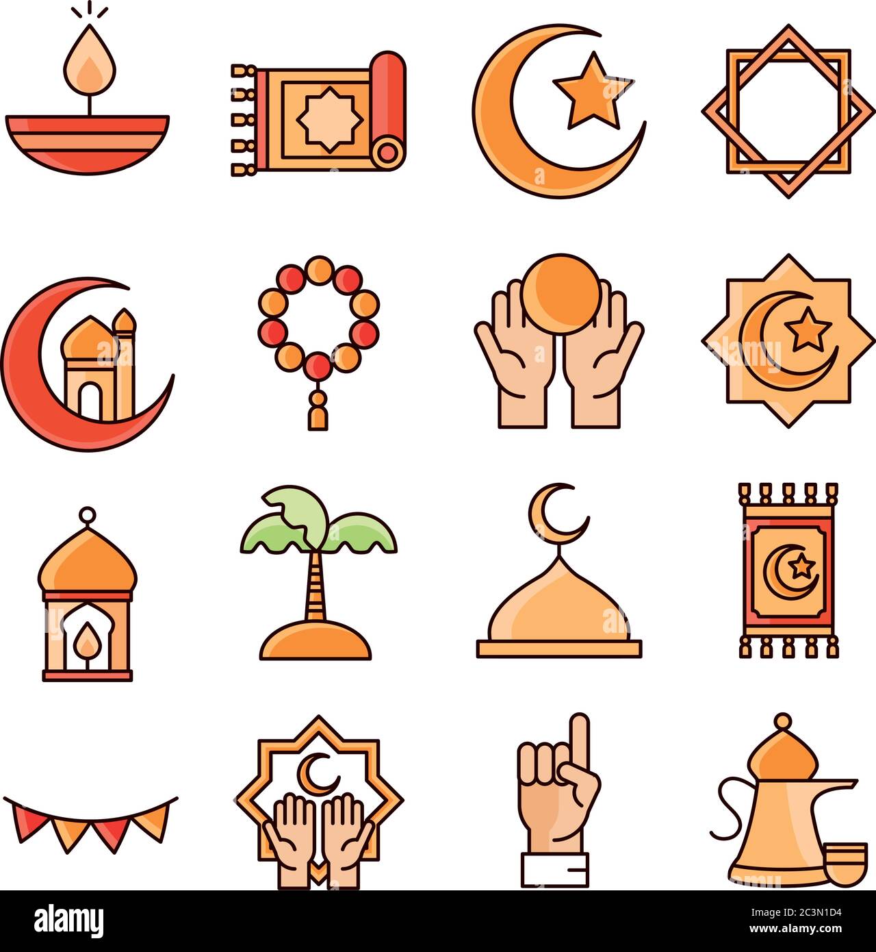 eid mubarak islamic religious celebration traditional icons set vector ...