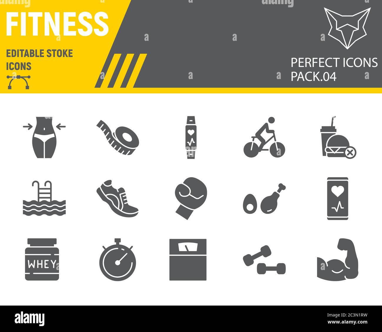 Fitness glyph icon set, sport symbols collection, vector sketches, logo ...