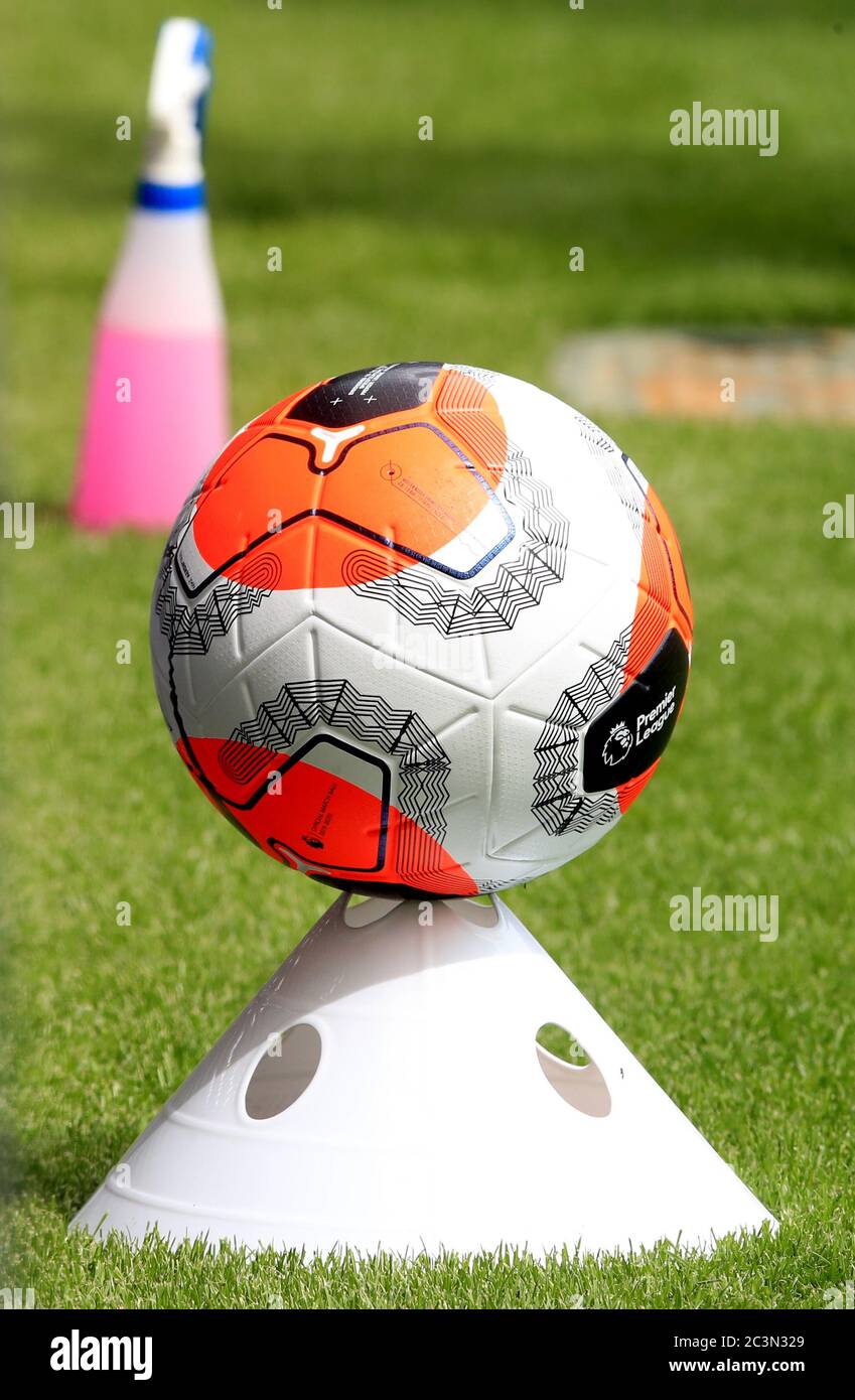 A match ball on a cone during the Premier League match at St James ...