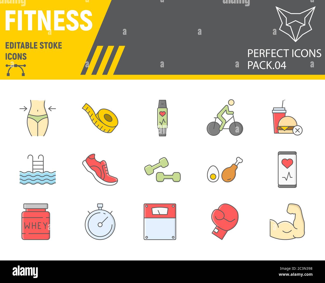 Fitness color line icon set, sport symbols collection, vector sketches ...
