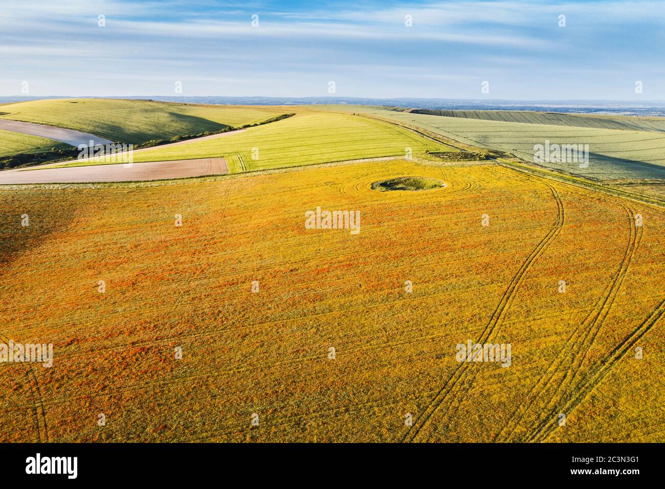 Beautiful high flying drone landscape image of poppy field in English ...