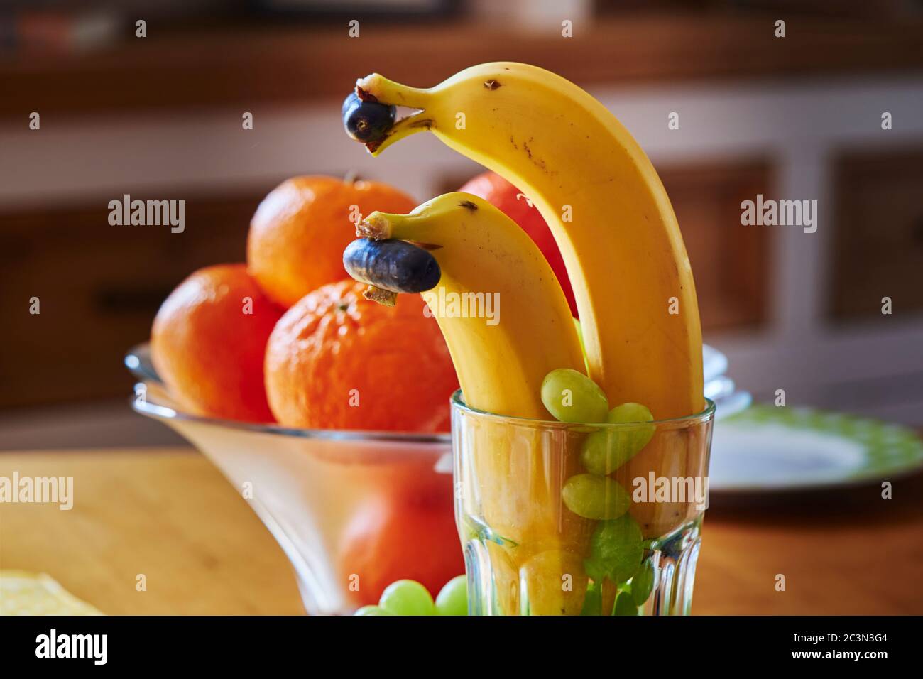 Bananas as dolphins with a dark grape in the mouth and green grapes and ...