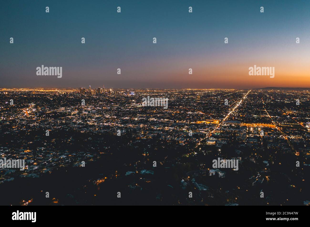Aerial Wide View over Glowing Los Angeles, California City Lights Scape ...
