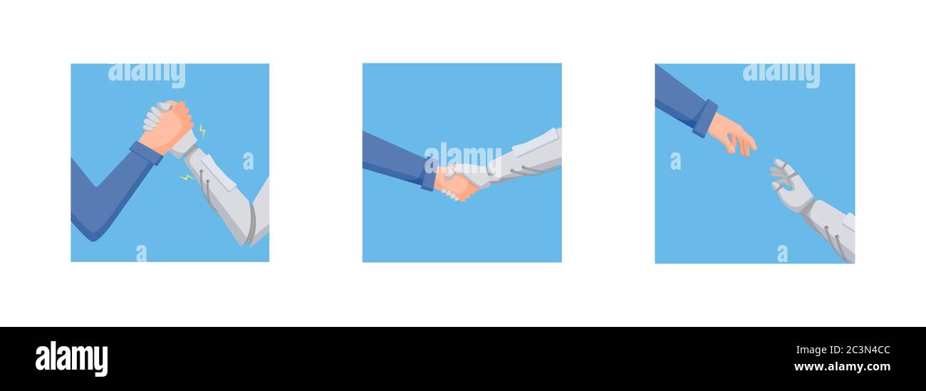 Man is fighting robot concept. Hand character and robot are engaged in ...