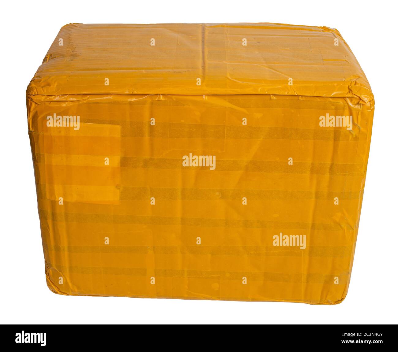 cardboard parcel box whole wrapped with yellow sticky tape isolated on ...