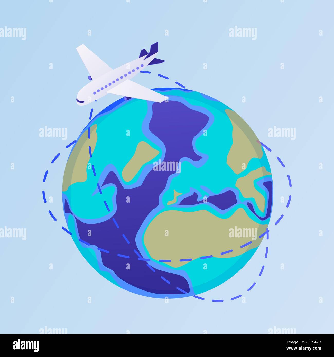 Plane flies around world illustration. White passenger airliner runs ...