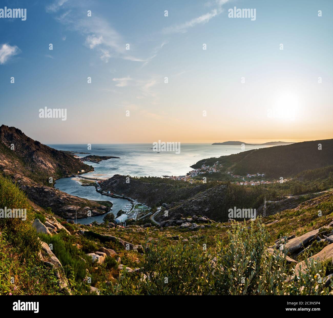 Aerial view of the Ria de Corcubion and Finisterre’s Cape from the top ...