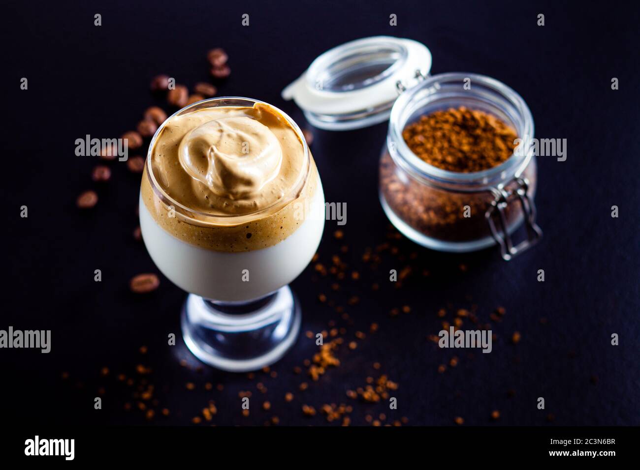 Dalgona coffee - whipped instant coffee mousse in the glass Stock Photo ...