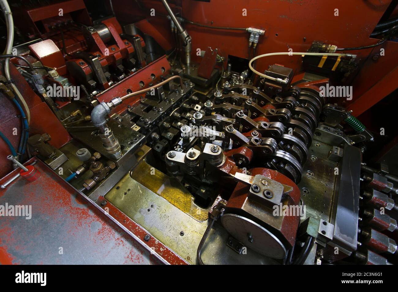 Detail of industrial machinery inside a production line facility plant ...
