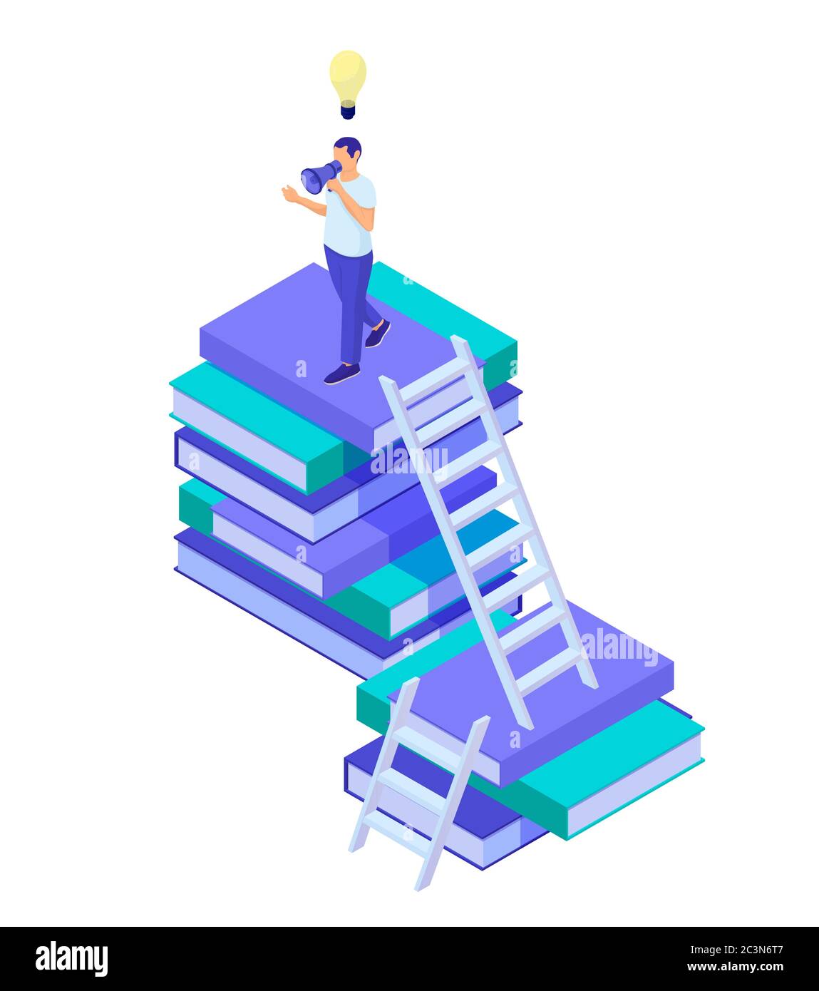 Learning process isometric concept. Character climbed stairs from books ...