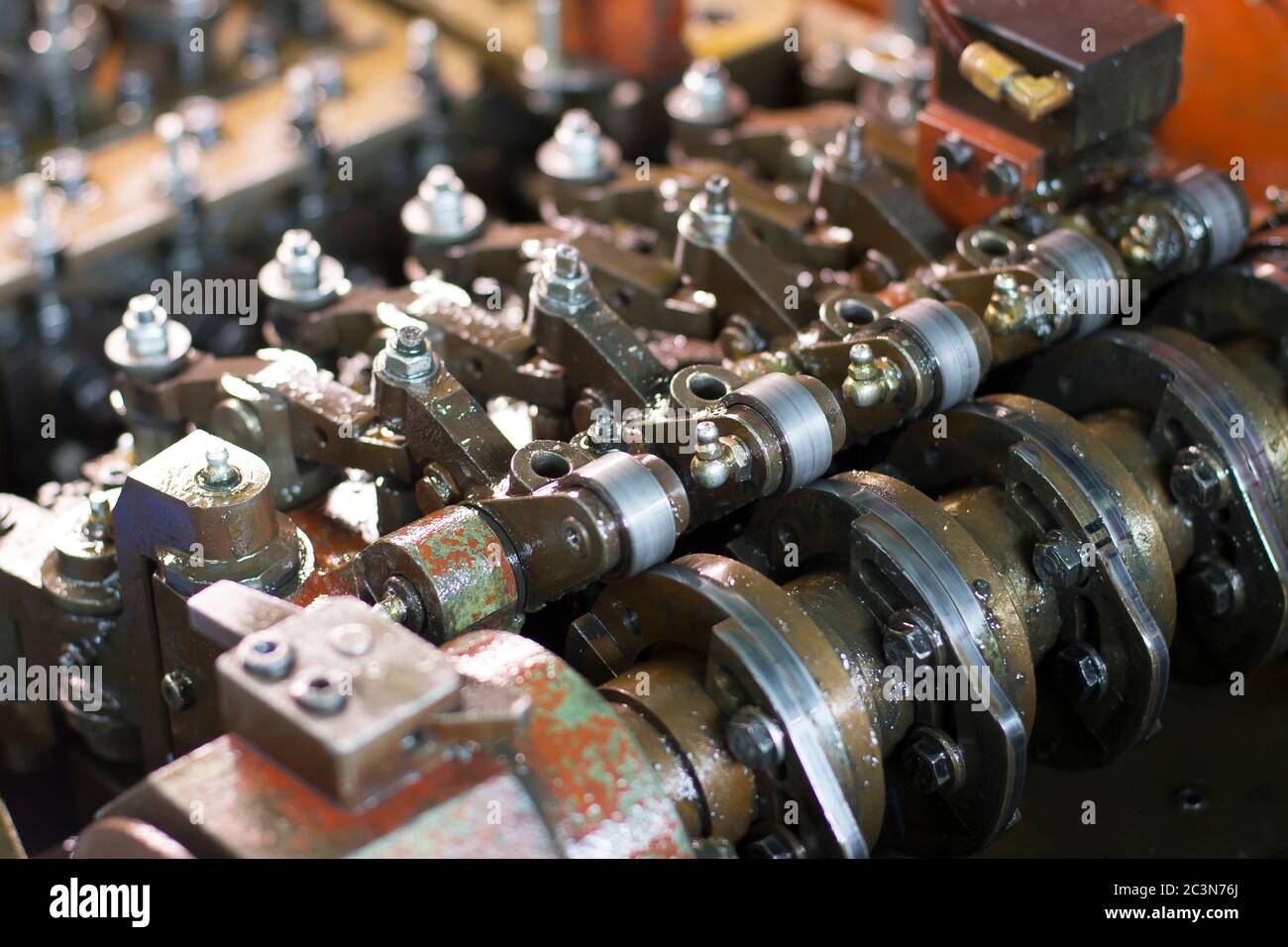 Detail of industrial machinery inside a production line facility plant ...