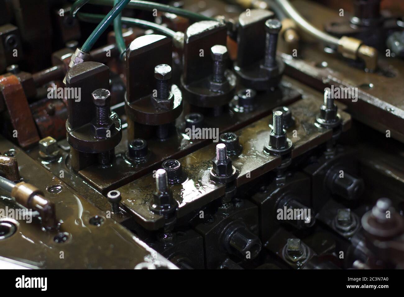 Detail of industrial machinery inside a production line facility plant ...