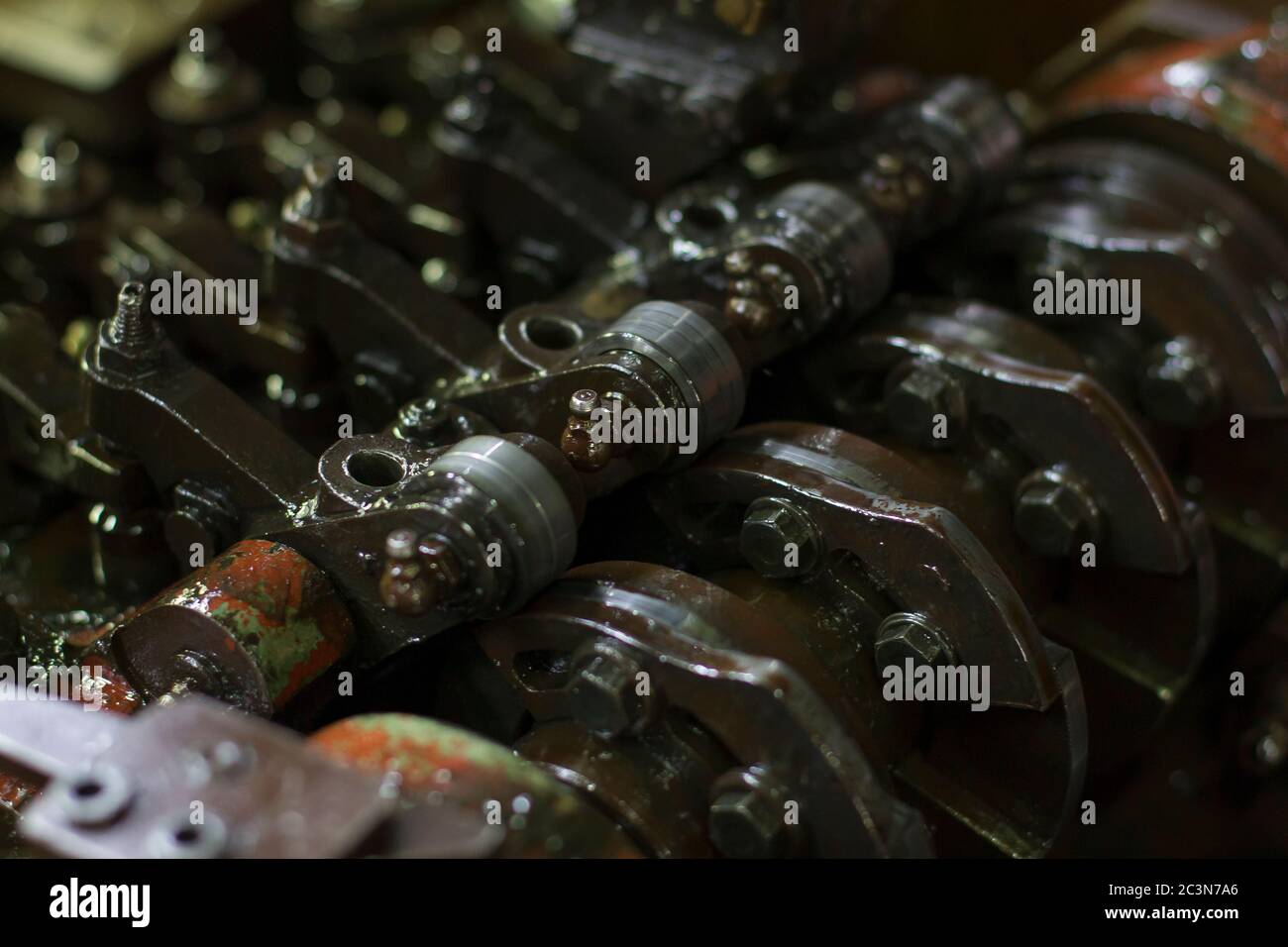 Detail of industrial machinery inside a production line facility plant ...