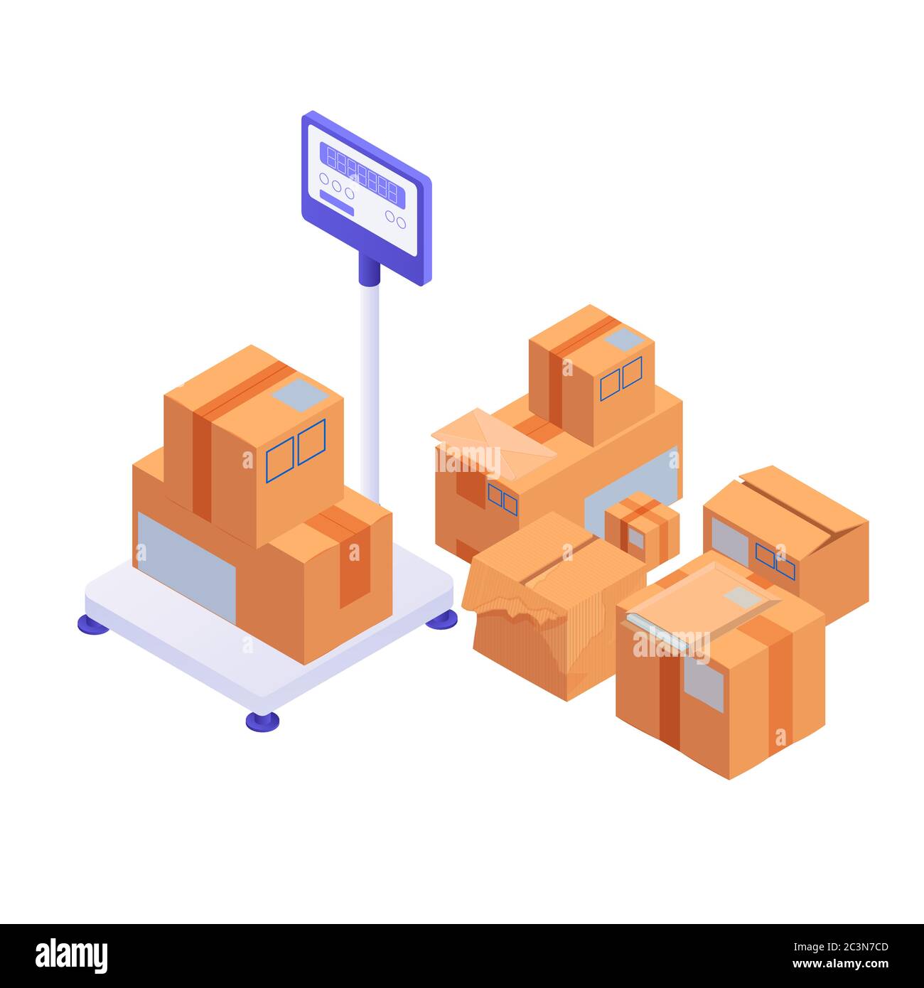 Boxes on scales loading isometric. Large and small yellow boxes cargo ...