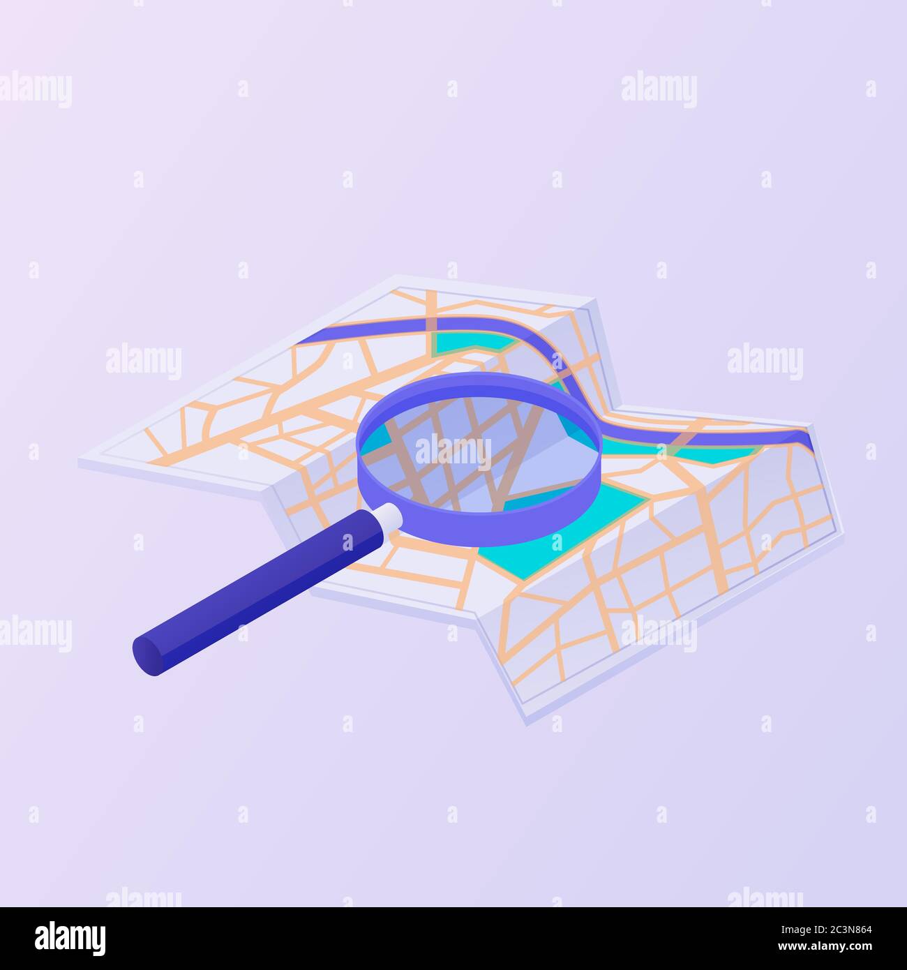 Magnifier on paper map illustration. Navigation search location ...