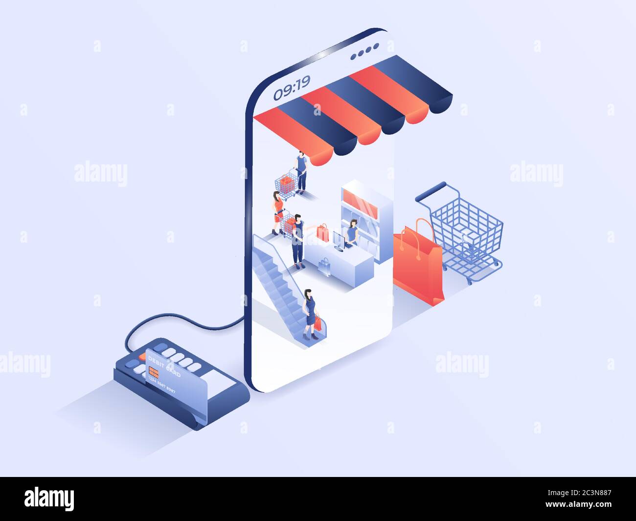 Online shopping order via smartphone and card with mall illustration ...