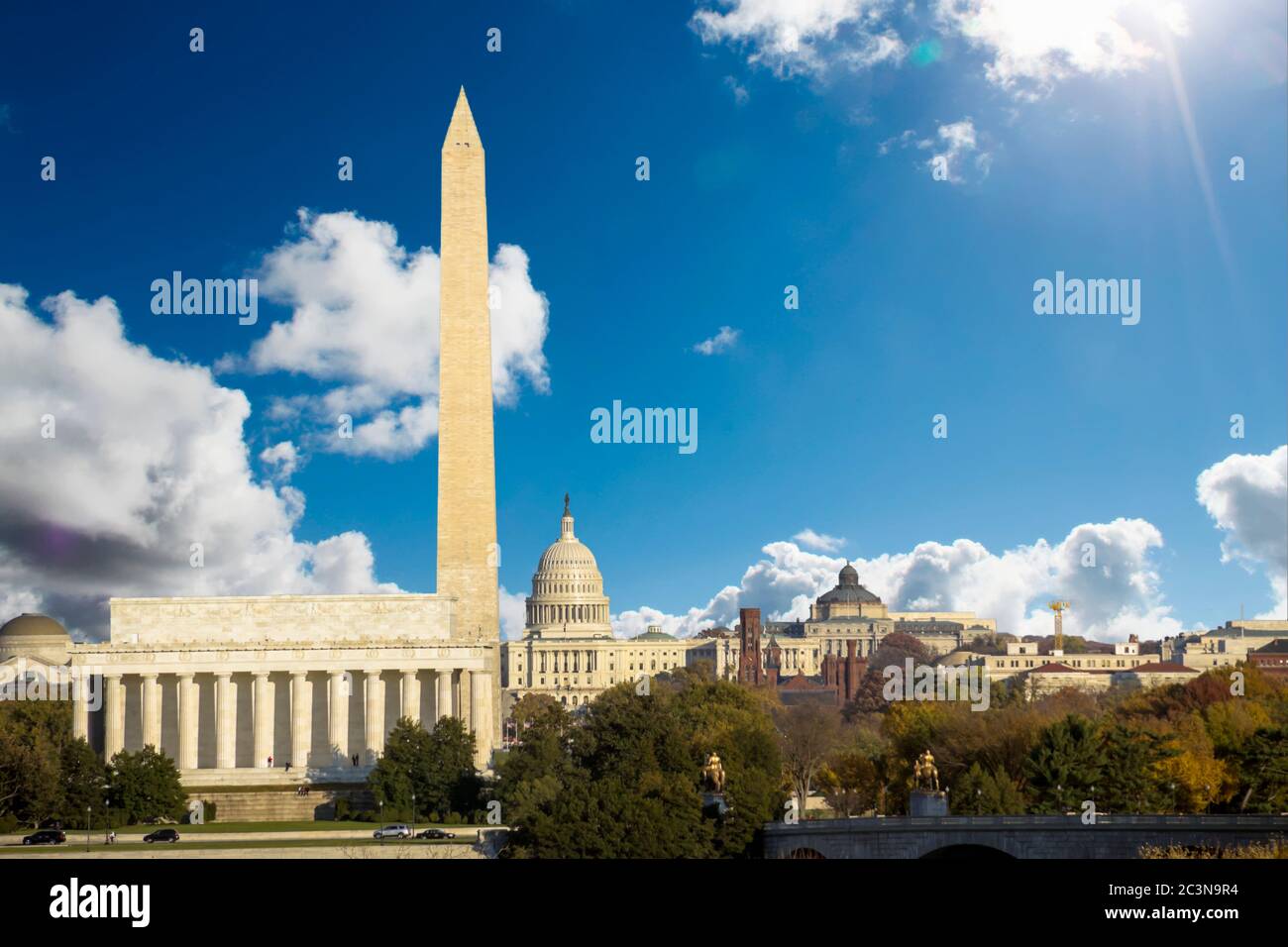 Washington DC skyline including Lincoln Memorial, Washington Monument ...