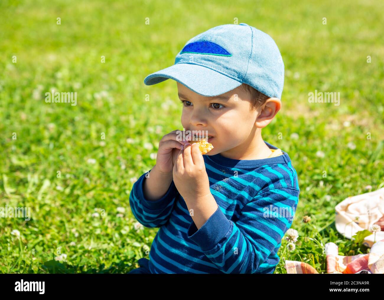 Little boy eating biscuit on lawn Stock Photo - Alamy