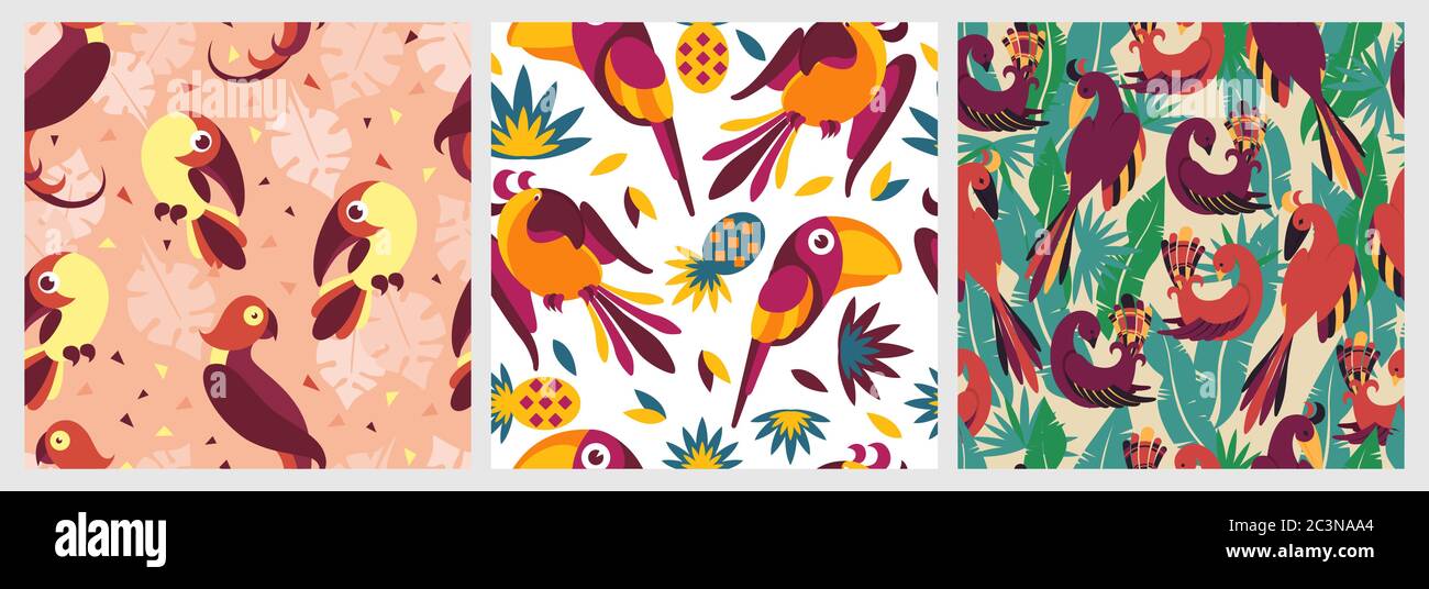 Birds in jungle pattern seamless. Exotic creative tropical birds toucan ...