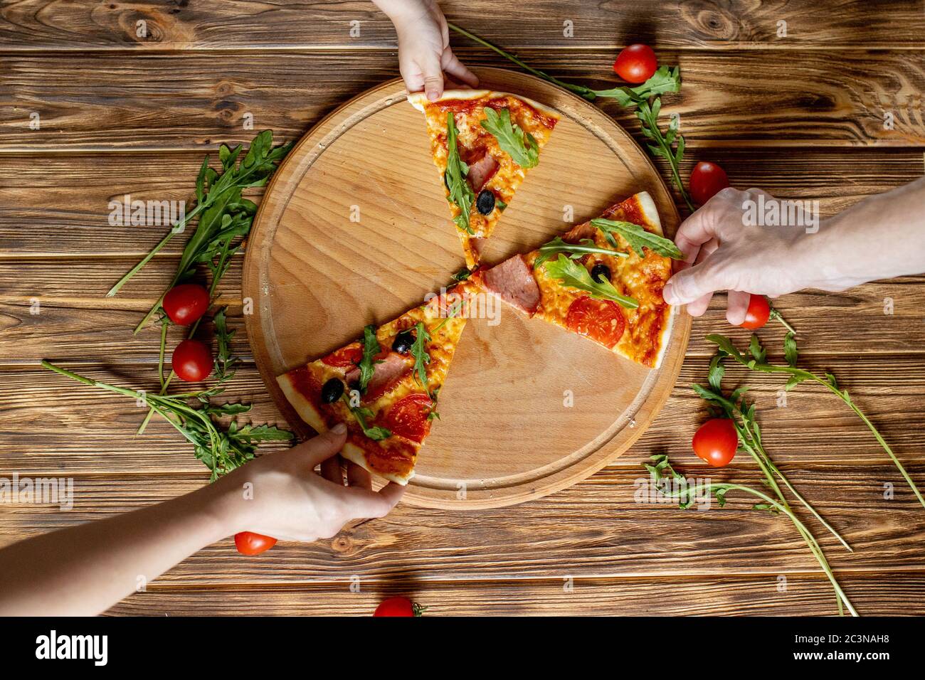 Eating Food. Close-up Of People Hands Taking Slices Of Pepperoni Pizza ...