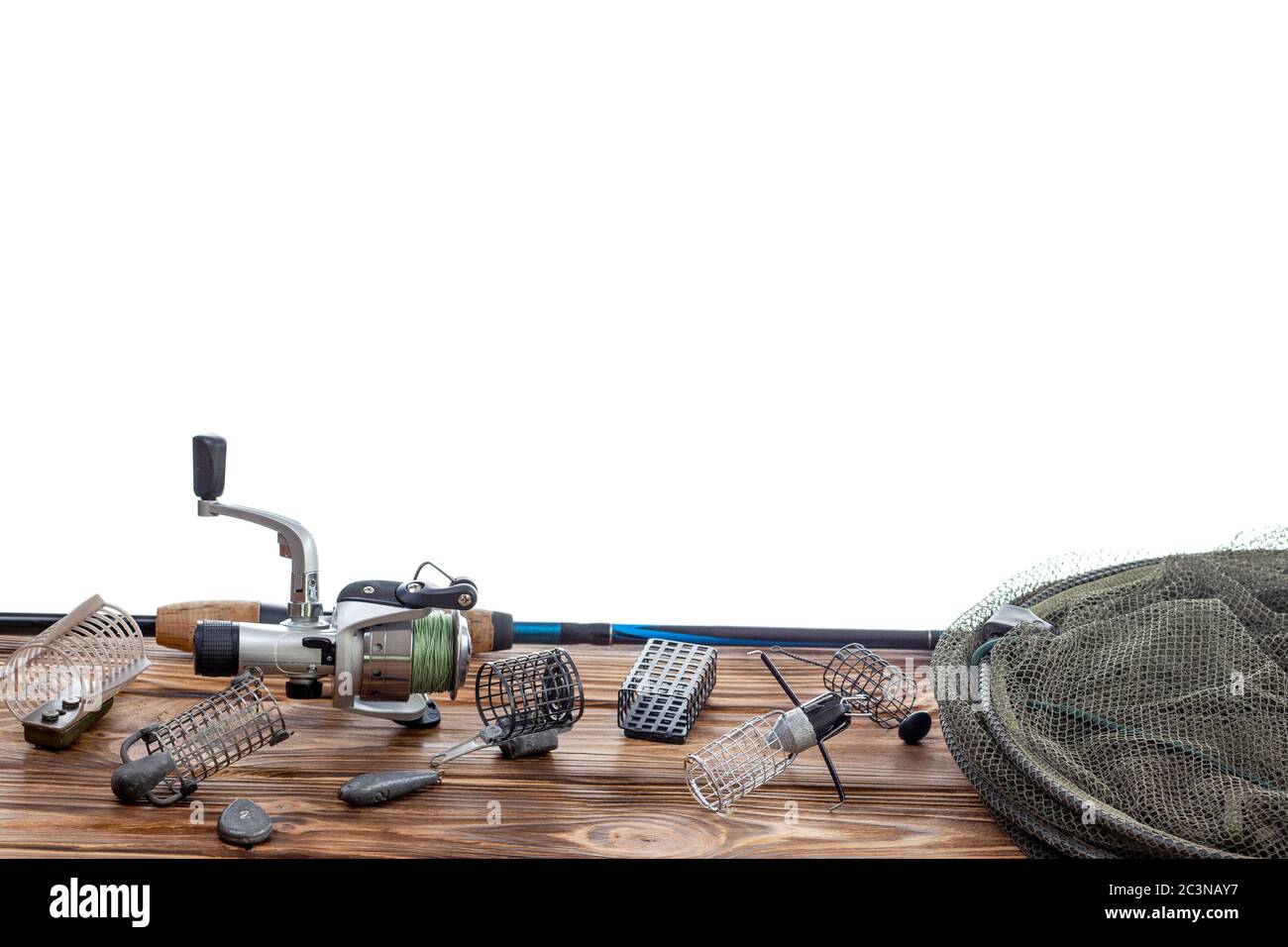 Fishing tackle and accessories isolated on white background. Selective ...