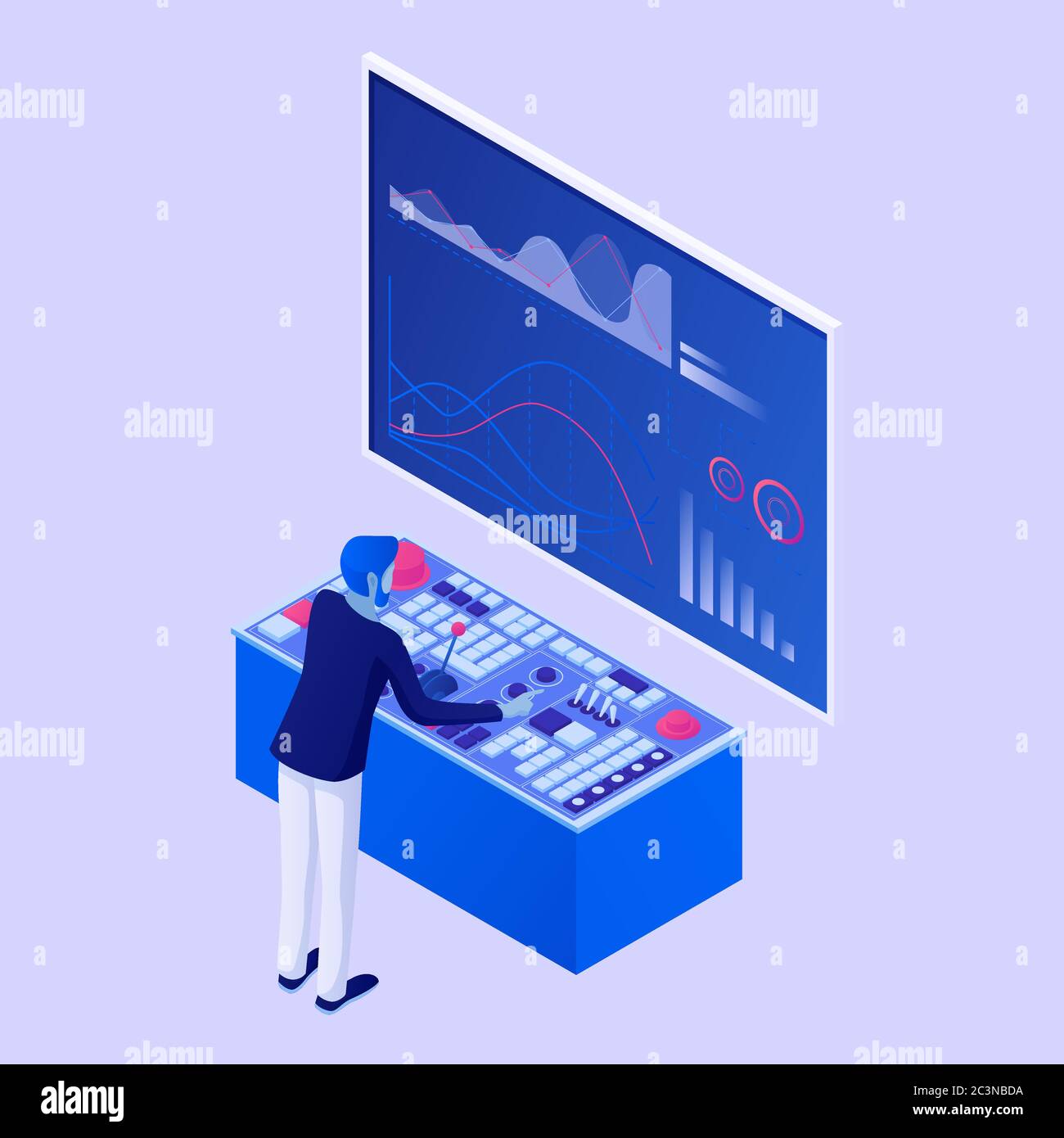 Character conducts web analytics isometric concept. Man with control ...