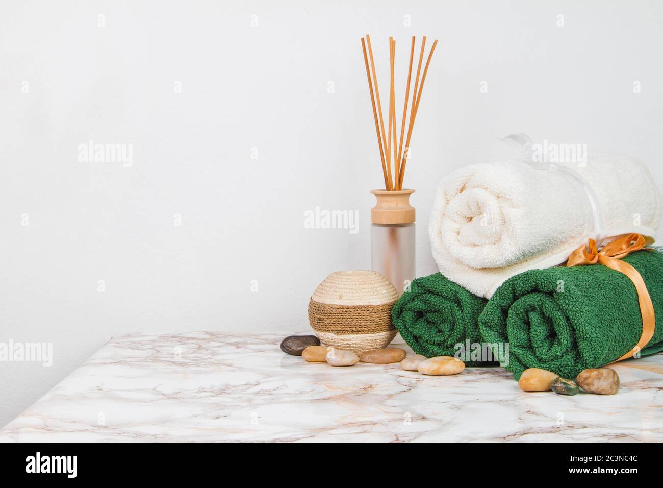 Spa objects and elements on a marble table and white background Stock ...