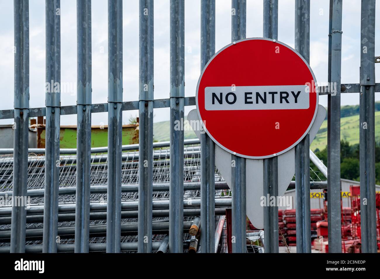 A no entry sign on a steel fence at an industrial site in Kilsyth, near ...