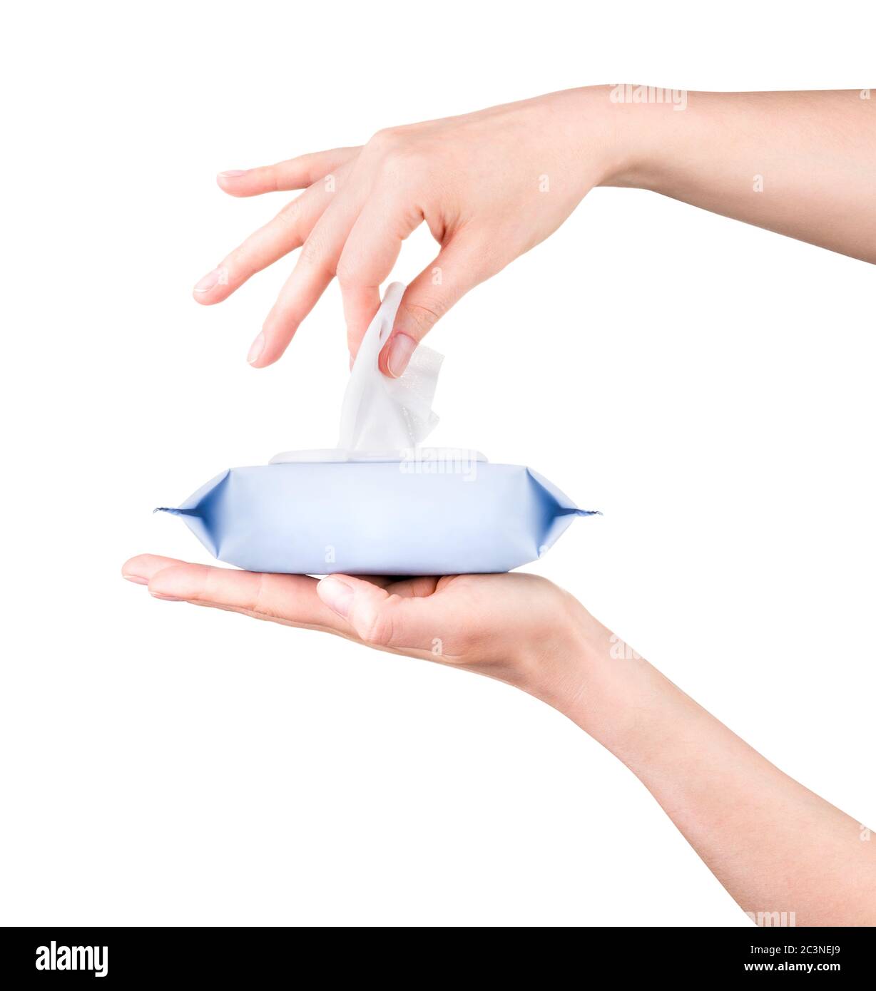 Woman hand use antibacterial wet wipes or tissue isolated on a white ...