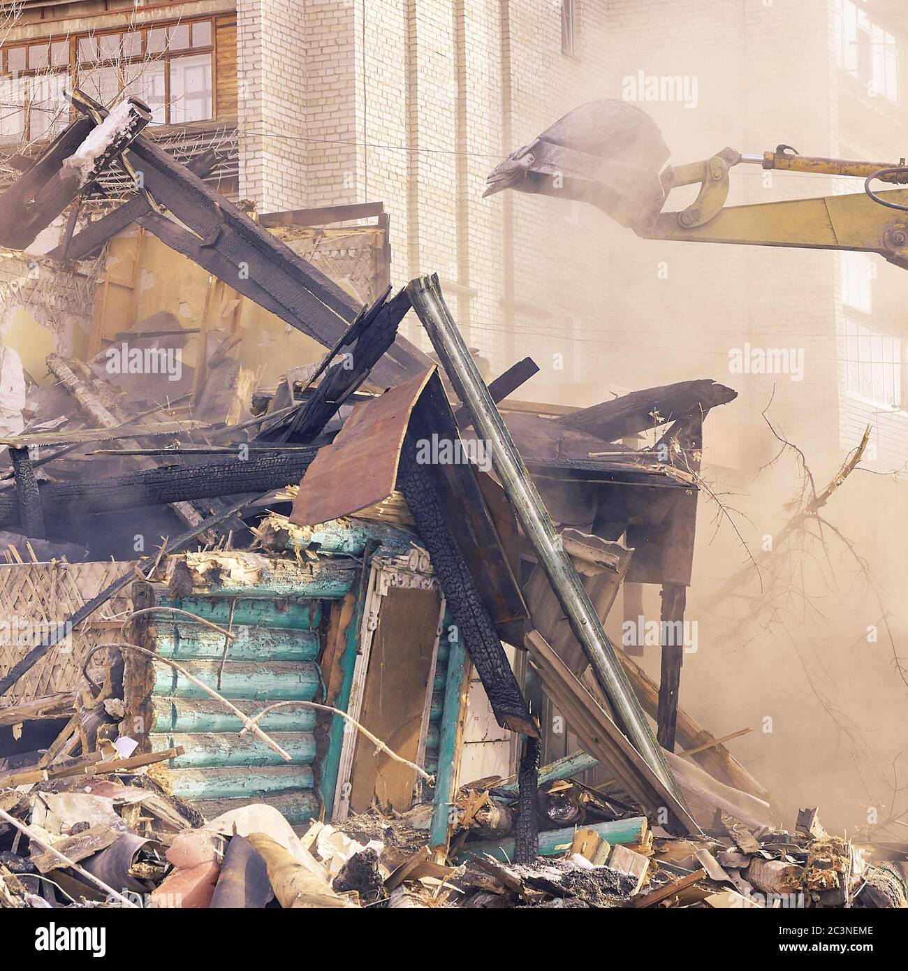 Demolition house using excavator in city. Rebuilding process. Remove ...