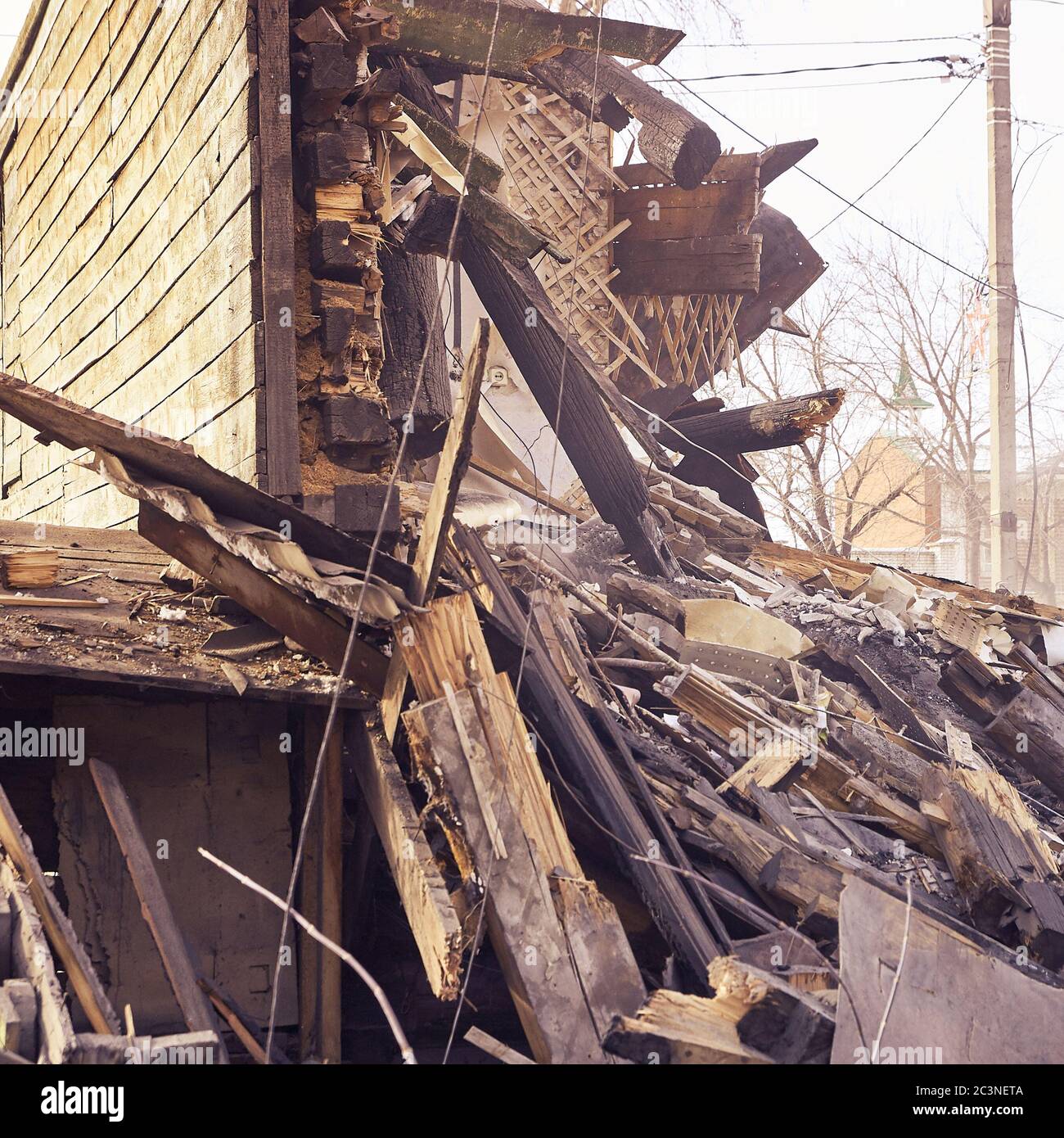 Demolition house using excavator in city. Rebuilding process. Remove ...
