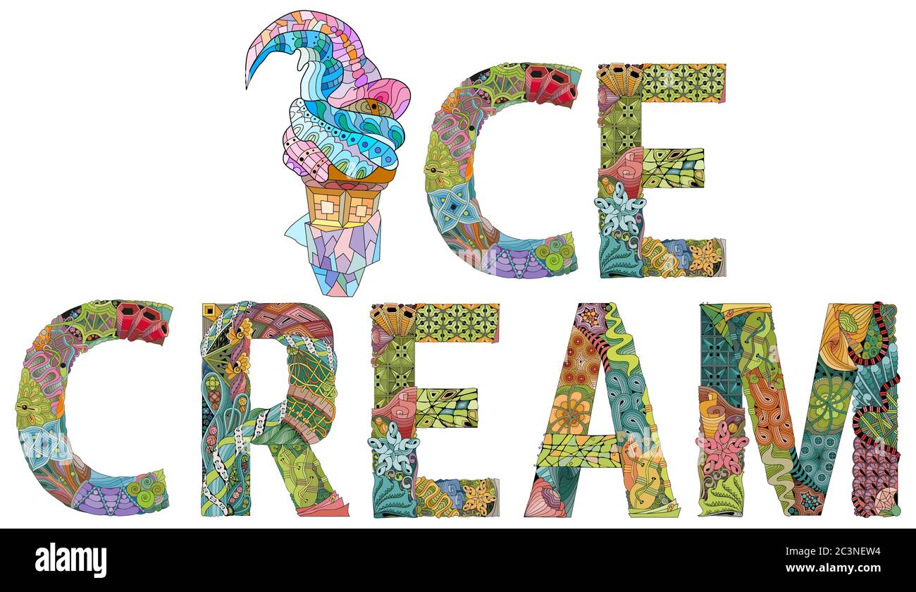 Hand-painted art design. Hand drawn illustration words ICE CREAM with ...