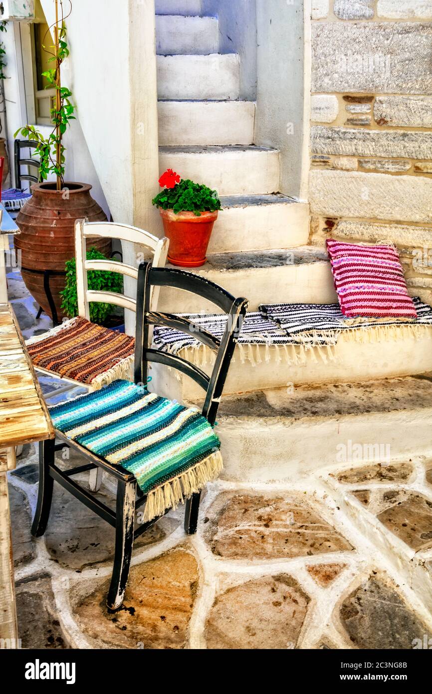 Traditional Greece. Typical street taverns (bars) of Greece. Naxos ...