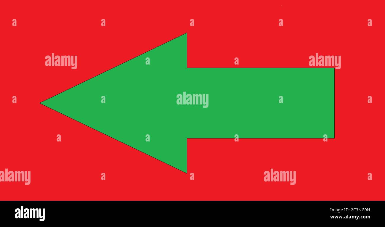 Illustration of a green arrow pointing to the left isolated on a red ...