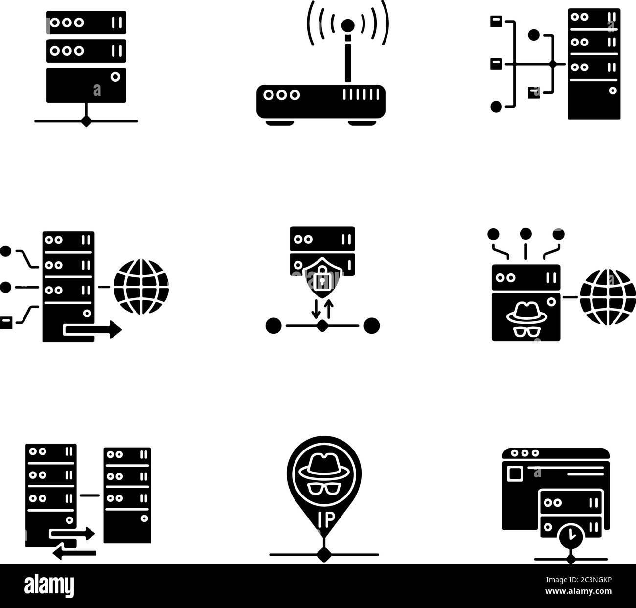Virtual proxy servers black glyph icons set on white space Stock Vector ...
