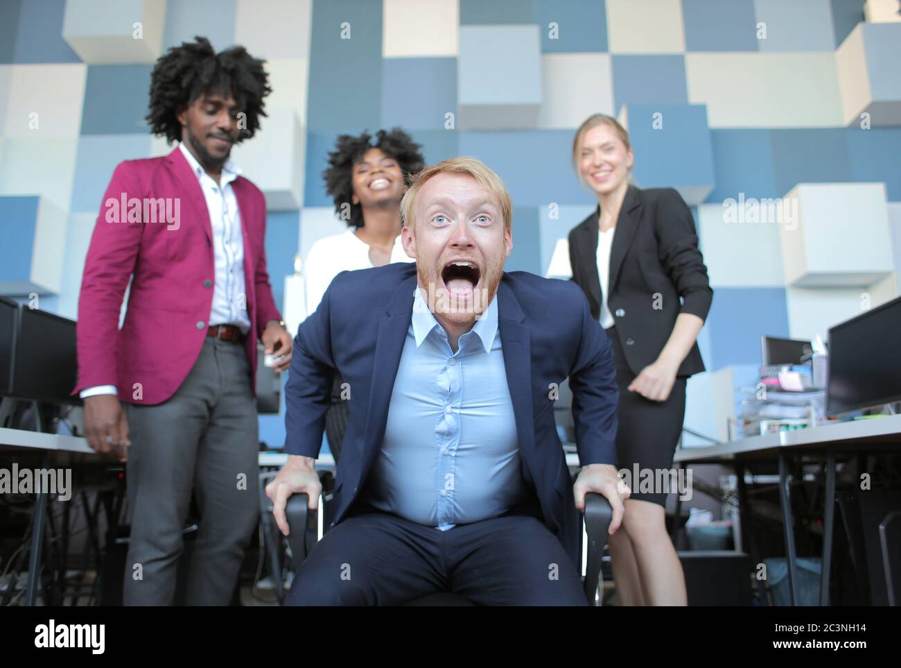 Funny business team lead happily screaming after a productive meeting ...