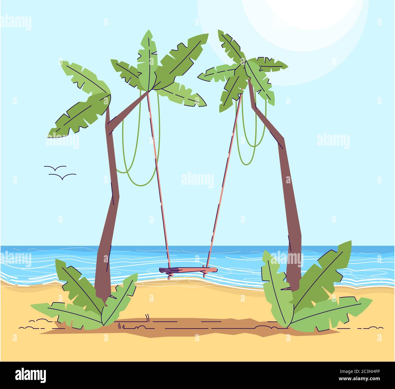 Palm trees with rope swing semi flat vector illustration Stock Vector ...