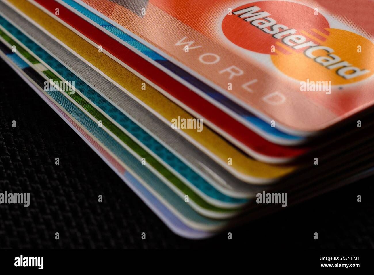 Lviv, Ukraine - 26 April 2019 : Close-up of mastercard credit cards ...