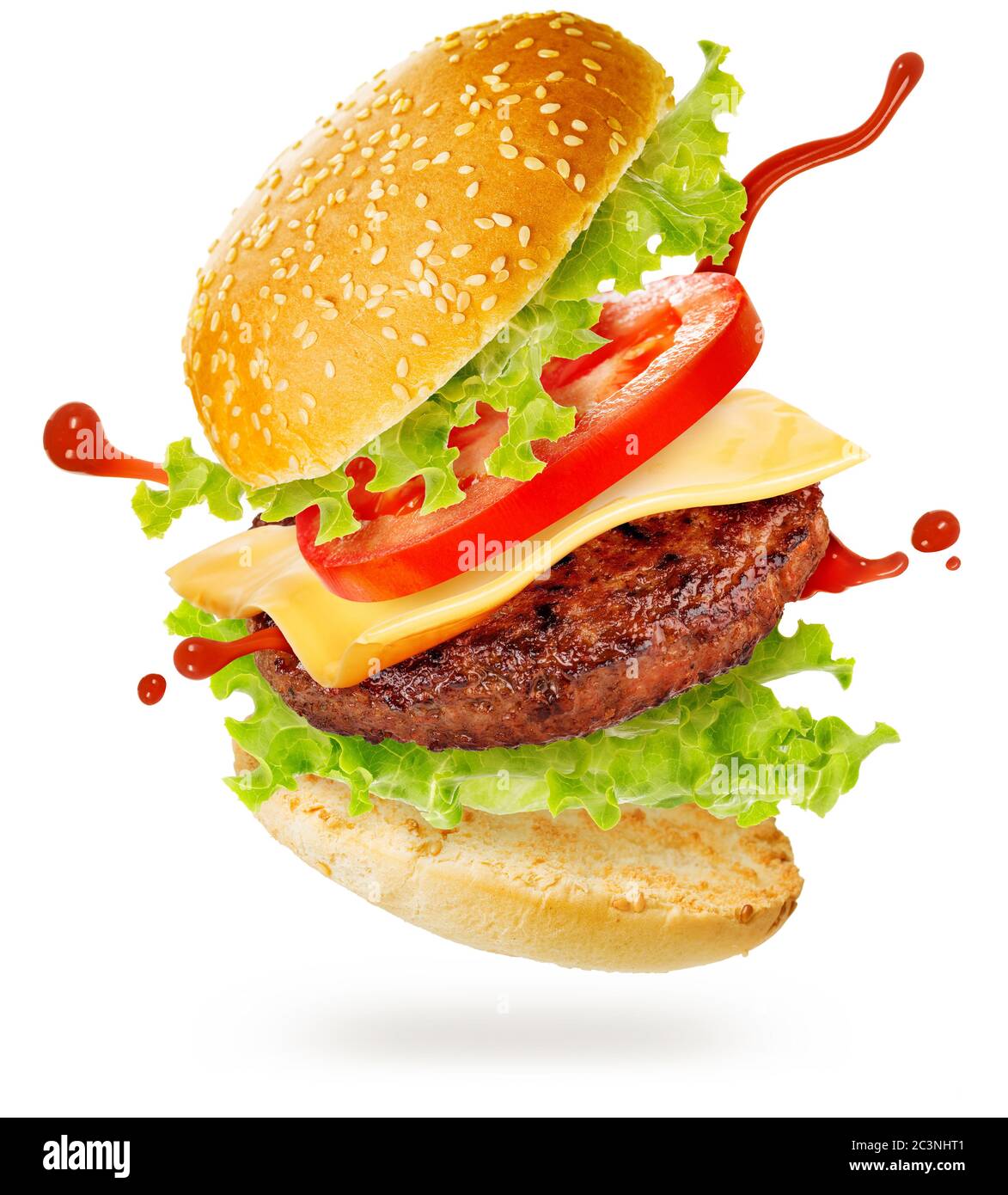 layers of cheeseburger floating on white background Stock Photo - Alamy