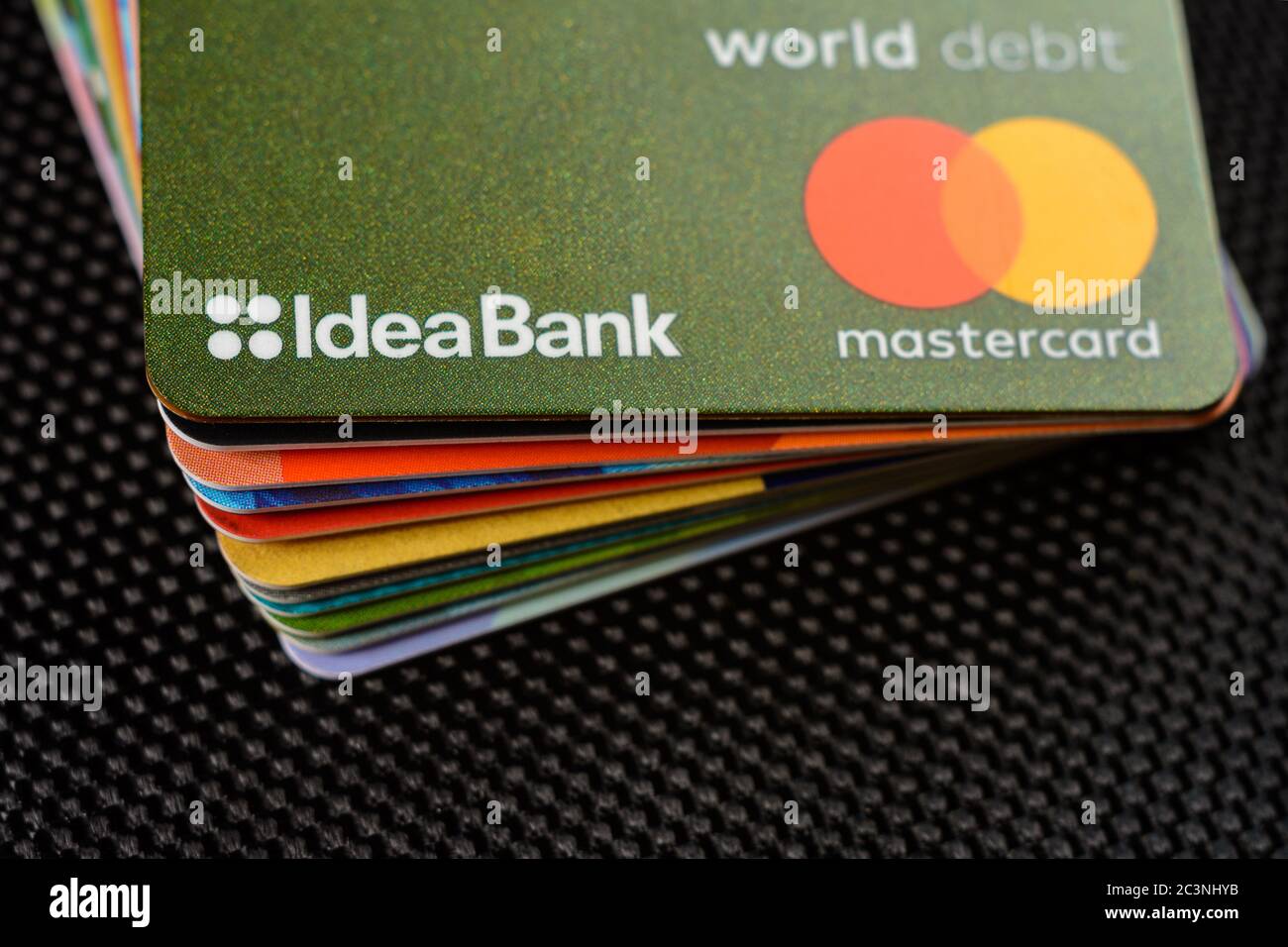 Lviv, Ukraine - 26 April 2019 : Stack of colorful credit cards of the ...