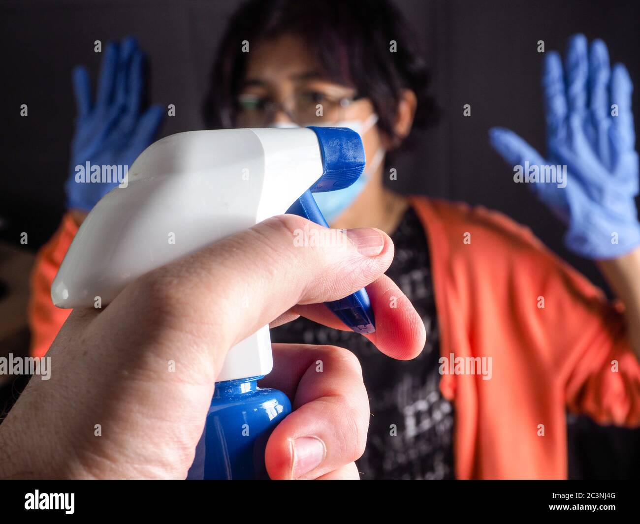 funny humorous adult asian 40s 50s woman wearing protection surgical ...